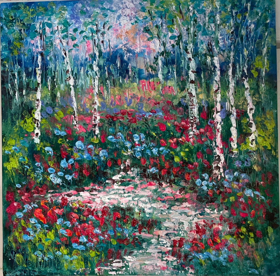 Original Landscape Oil Painting , Red , Oil-painting Poppies Stream and ...
