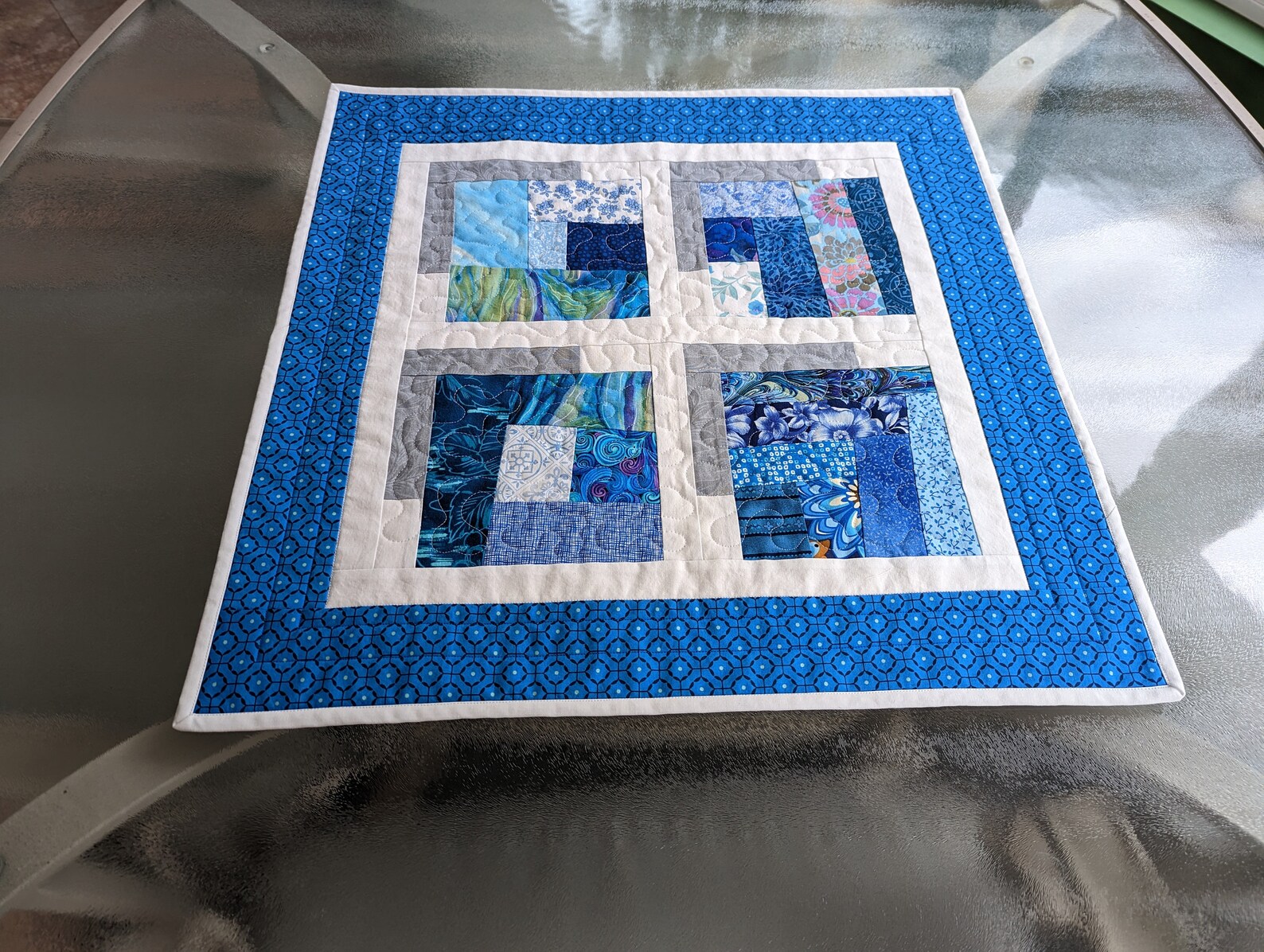 Quilted Scrappy Table Topper Blue White Table Decor - Etsy