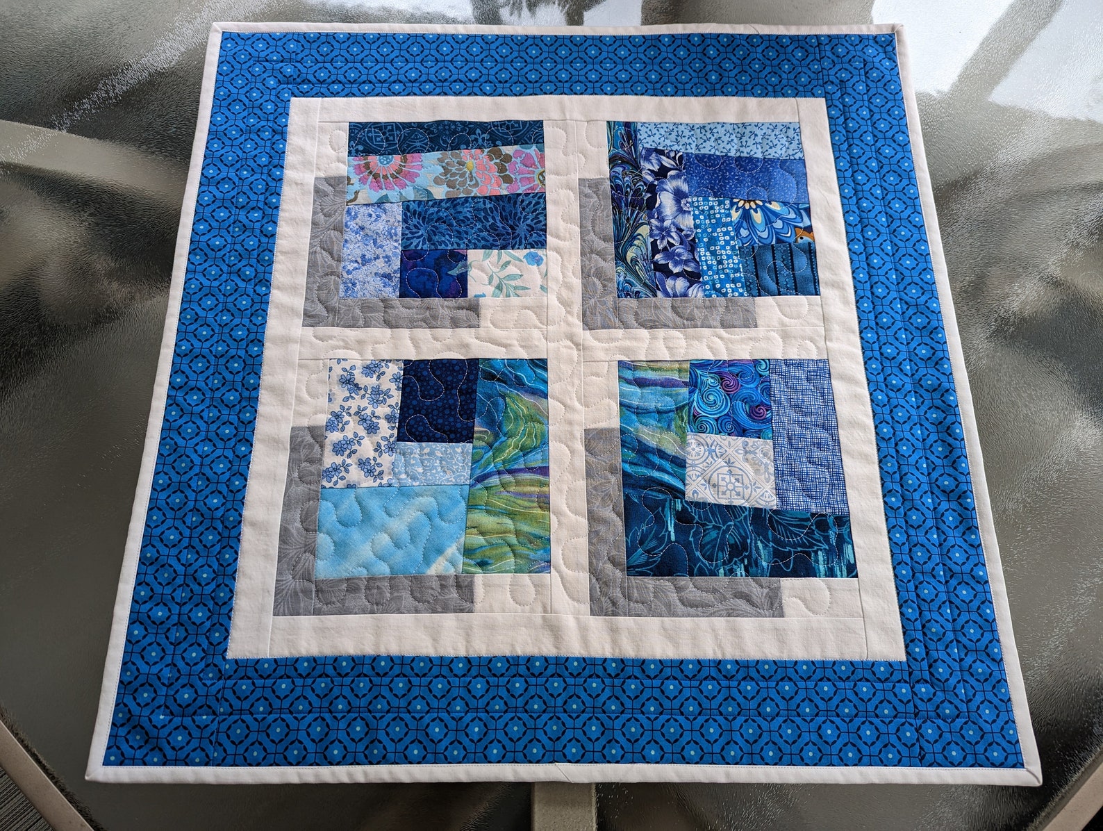 Quilted Scrappy Table Topper Blue White Table Decor - Etsy