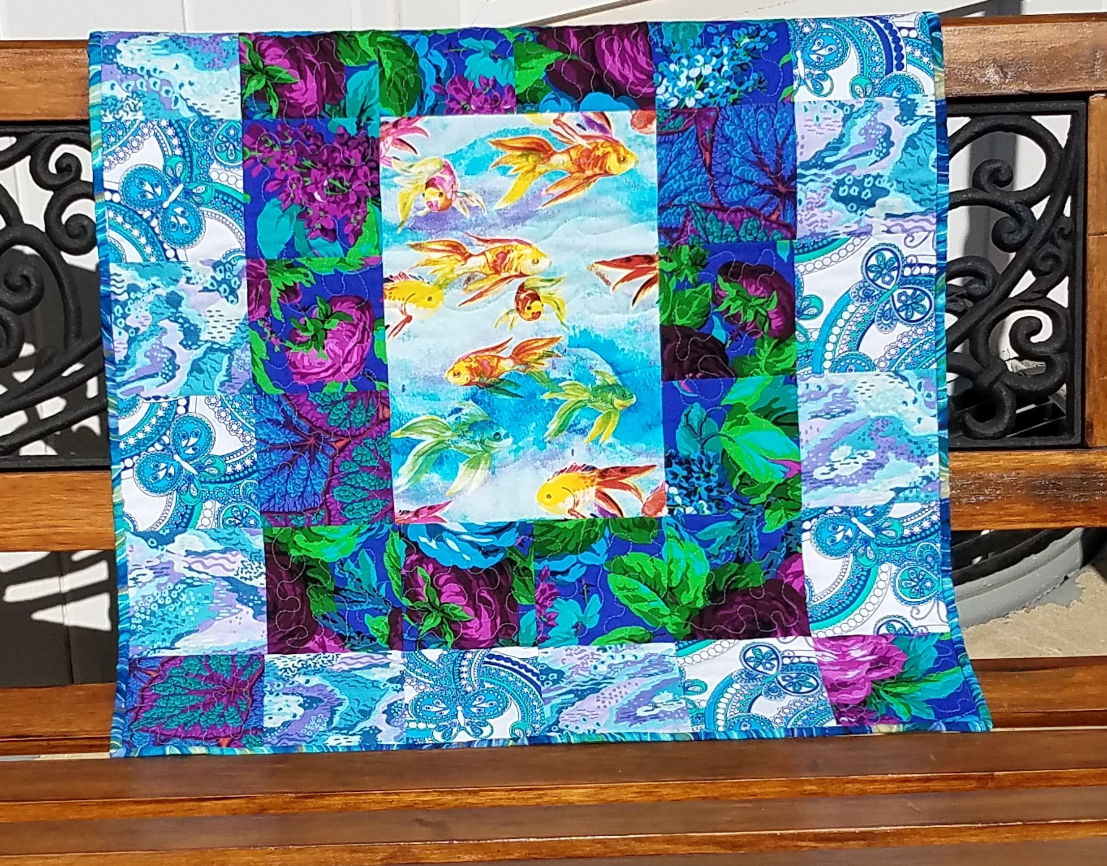 Gold Fish Quilted Wall Hanging Blues Green Purple Flowers | Etsy