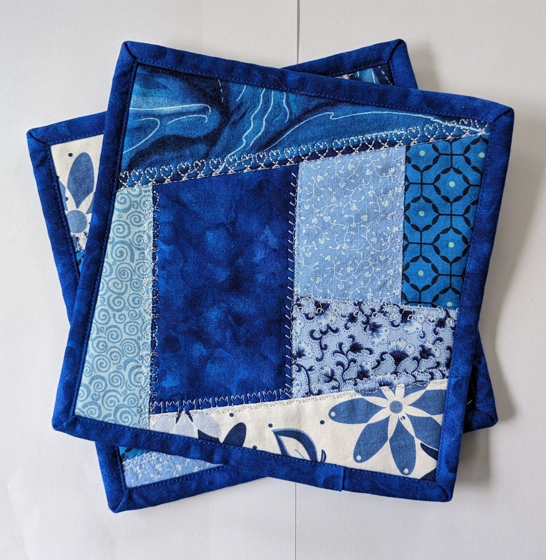 Two Crazy Quilt Block Blue Mug Rugs, Snack Mats, Quilted Coasters - Etsy