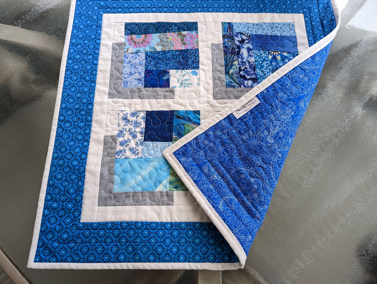 Quilted Scrappy Table Topper Blue White Table Decor - Etsy