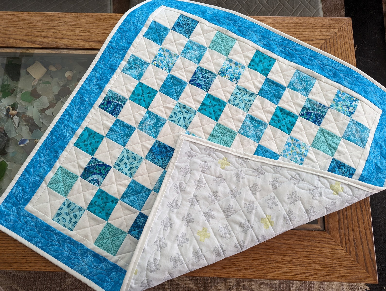 Turquoise and White Quilted Table Topper Patchwork Quilt - Etsy