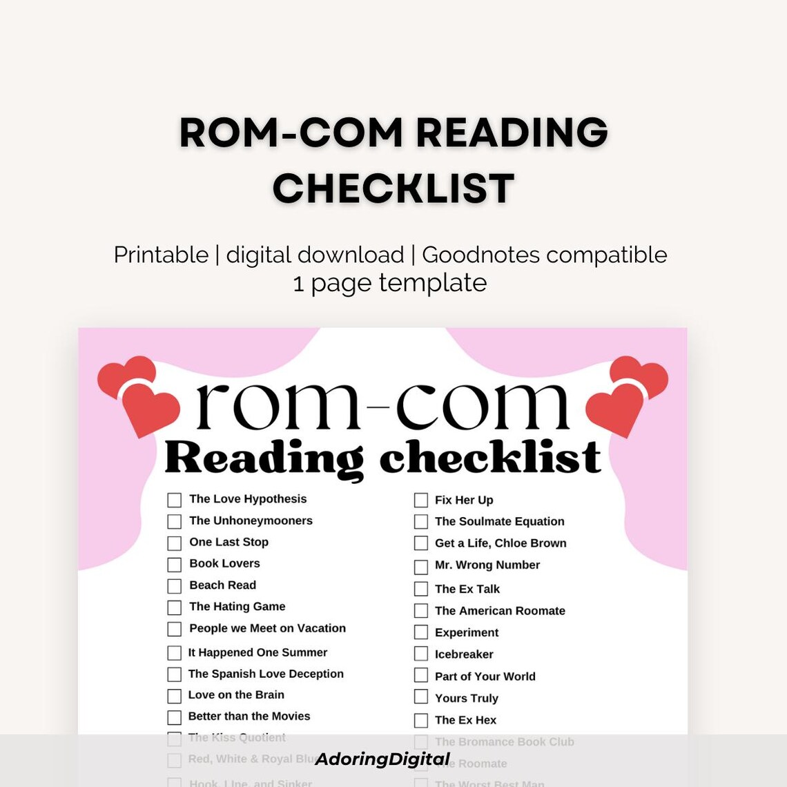 Rom-com Romance Reading Checklist, Digital Printable, Reading Tracker ...