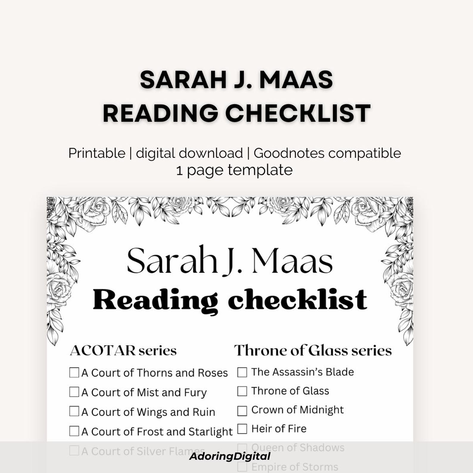 Sarah J. Maas Reading Checklist, Digital Printable, Book Tracker ...