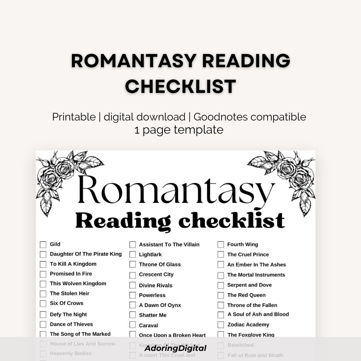 Romantasy Reading Checklist, Digital Printable, Reading Tracker ...