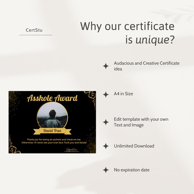 Asshole Award Certificate Certificate Of Recognition Printable