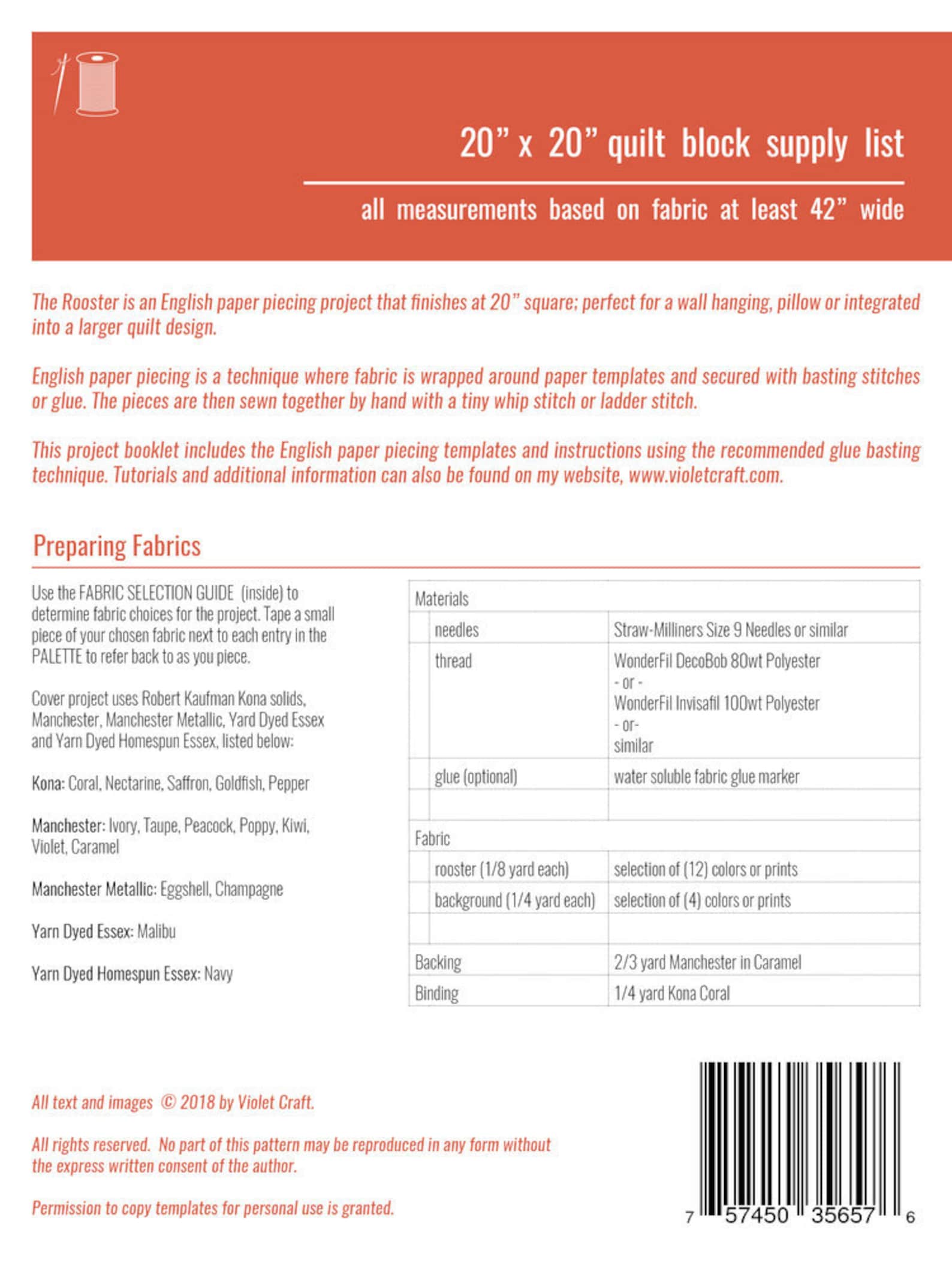 The Rooster Quilt Pattern: an English Paper Piecing Project by Violet ...