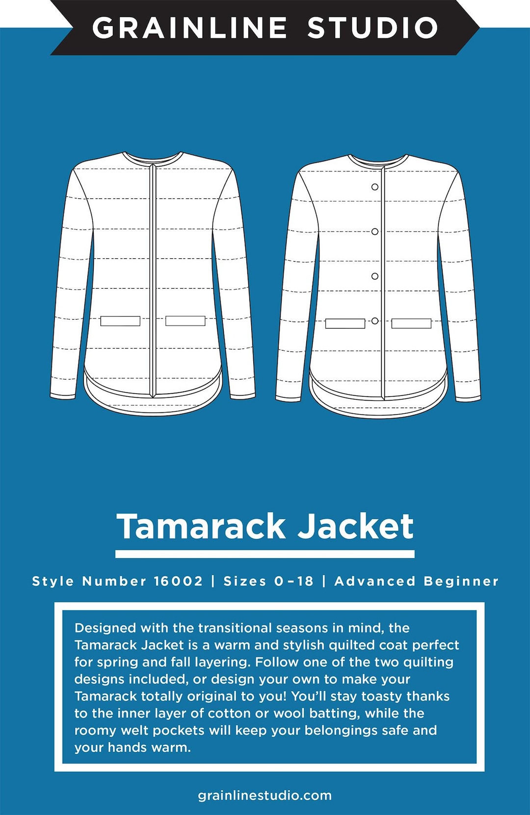 Tamarack Jacket Sewing Pattern by Grainline Studio: Style 16002, Sizes ...