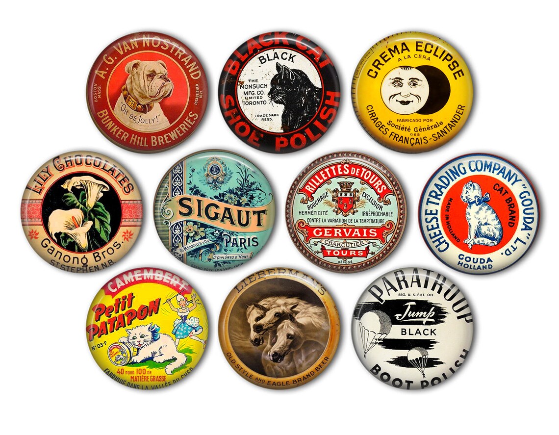 Vintage Labels Pin Back Buttons, Backpack Pins, Jacket Buttons, Flat ...