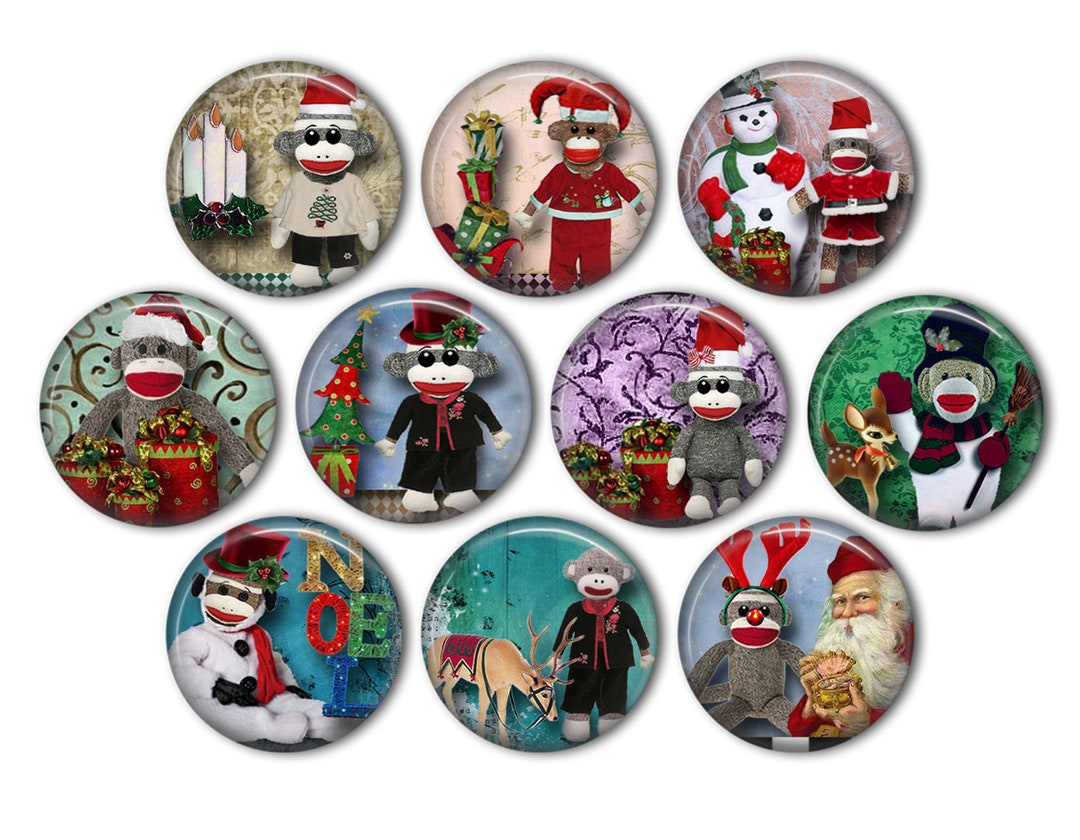 Sock Monkey Christmas Pin Back Buttons, Backpack Pins, Jacket Buttons ...