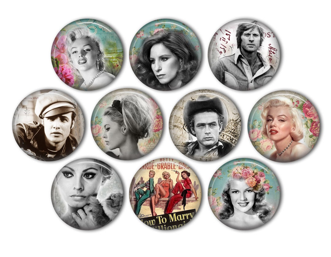 Vintage Hollywood Stars Pin Back Buttons, Backpack Pins, Jacket Buttons ...