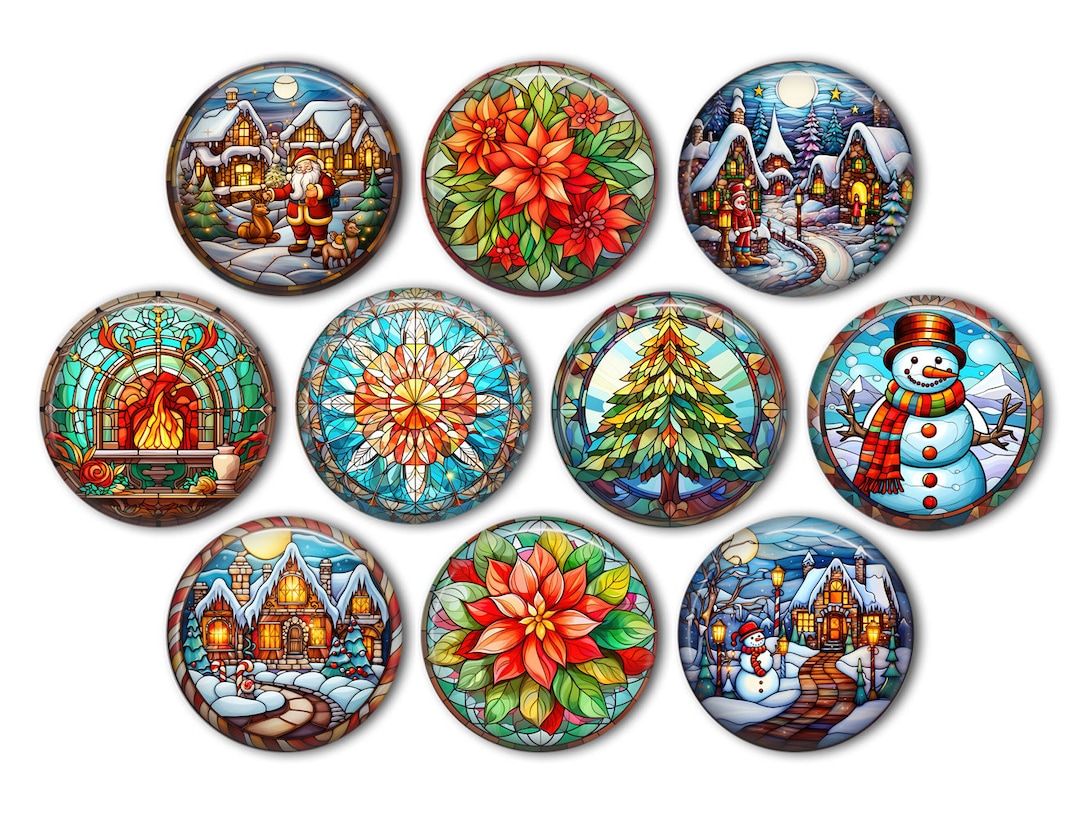 Stained Glass Christmas Pin Back Buttons, Backpack Pins, Jacket Buttons ...