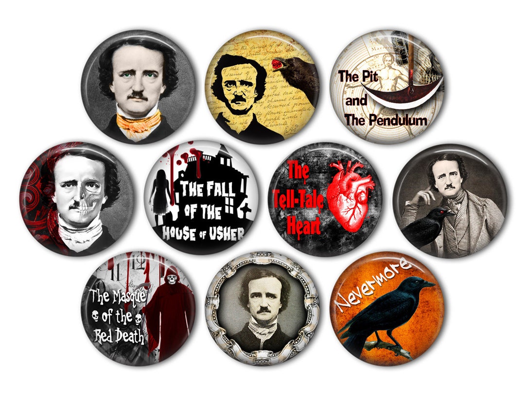Edgar Allan Poe Pin Back Buttons, Backpack Pins, Jacket Buttons, Flat ...