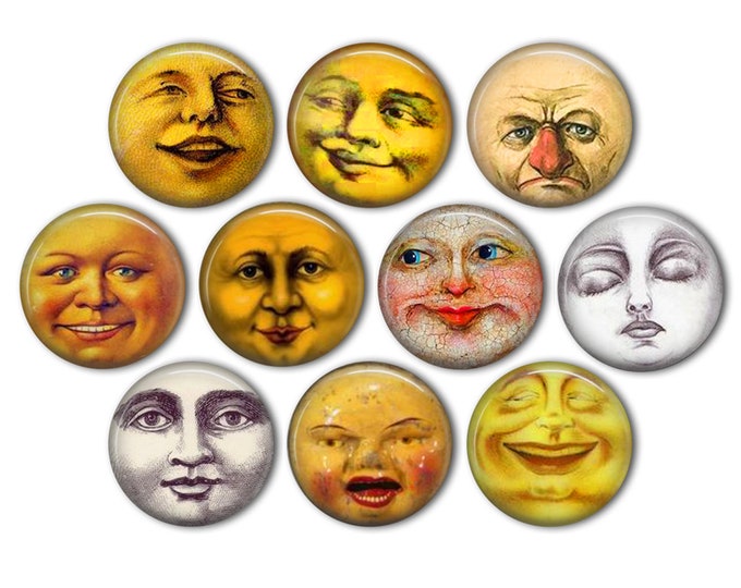 Vintage Moon Faces Pin Back Buttons, Backpack Pins, Jacket Buttons ...