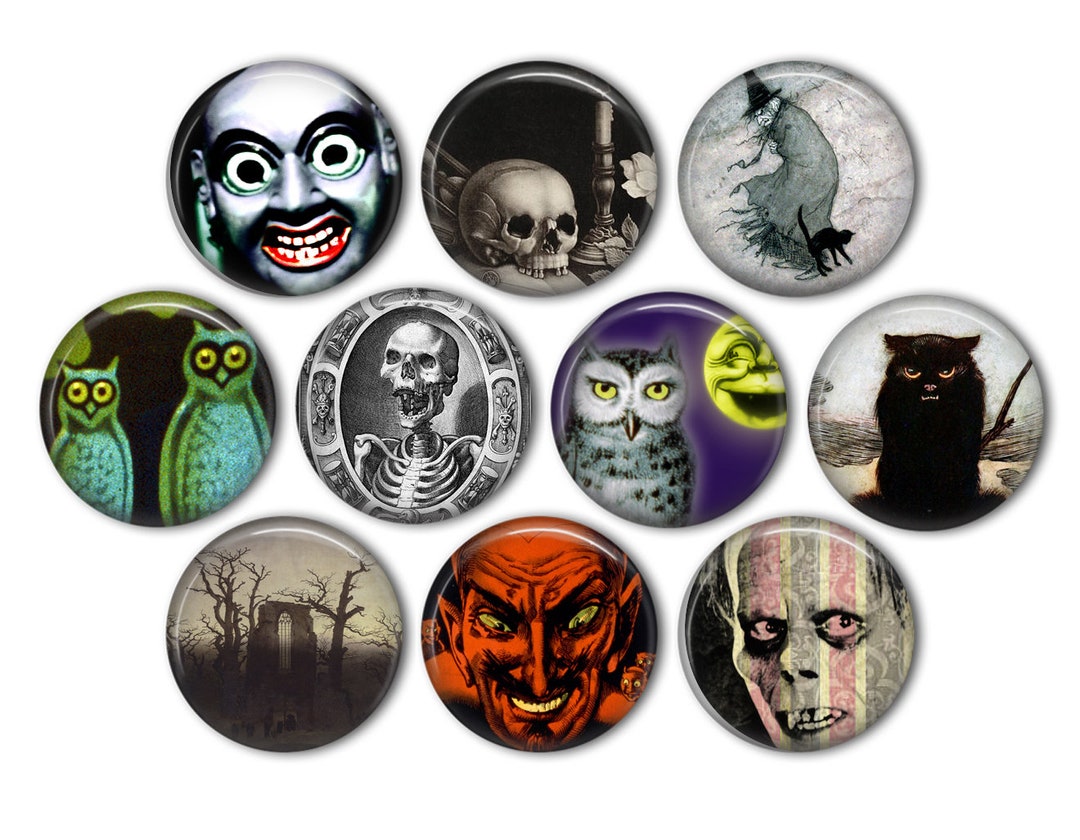 Creepy Halloween Pin Back Buttons, Backpack Pins, Jacket Buttons, Flat ...
