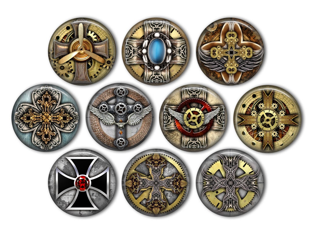 Steampunk Cross Pin Back Buttons, Backpack Pins, Jacket Buttons, Flat ...