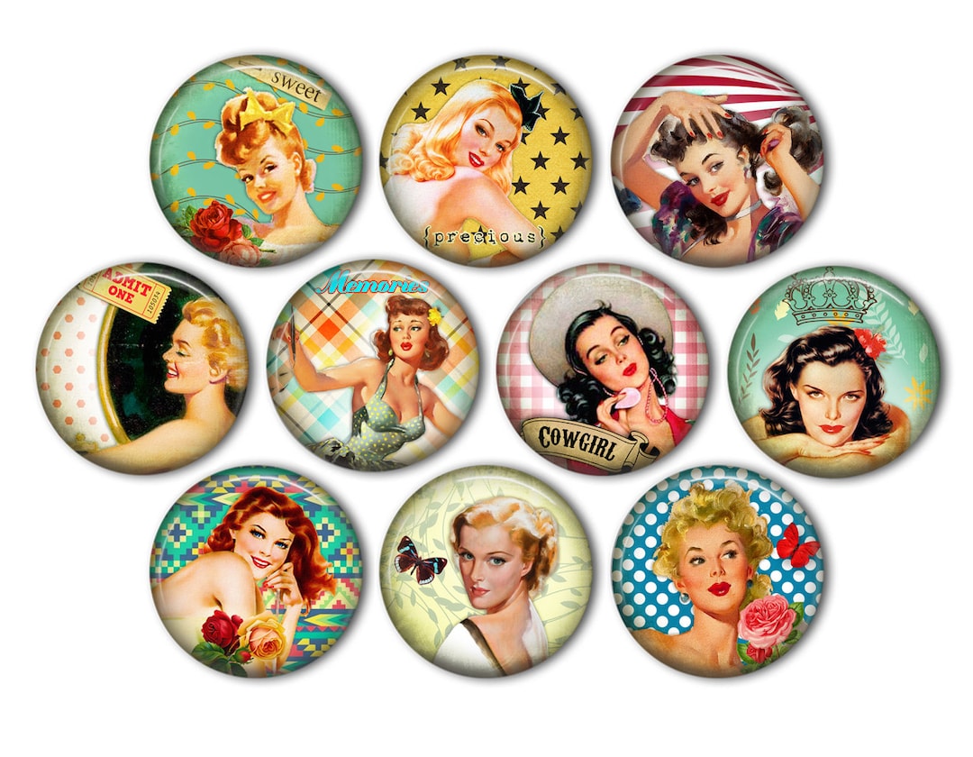 1950's Retro Pin up Girl Pin Back Buttons, Backpack Pins, Jacket ...