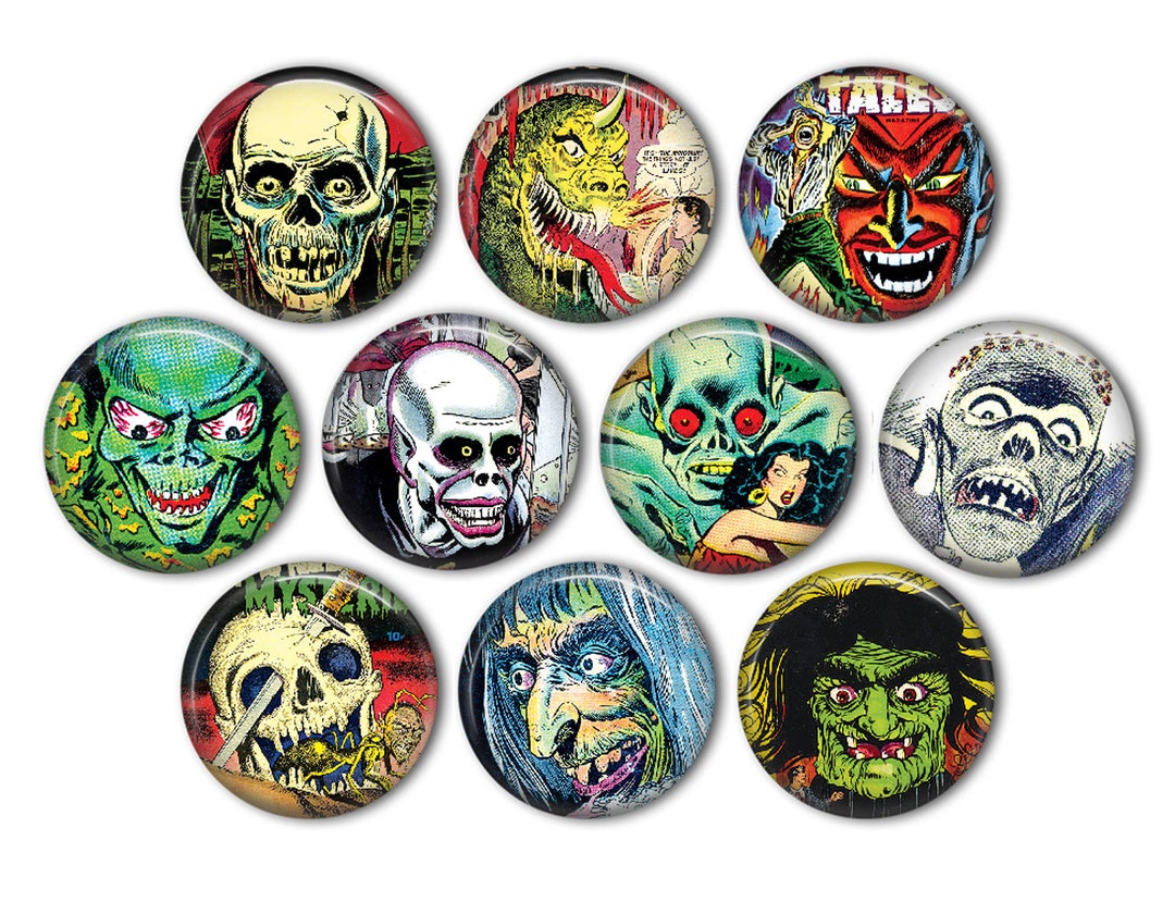 Vintage Horror Comics Pin Back Buttons, Backpack Pins, Jacket Buttons ...