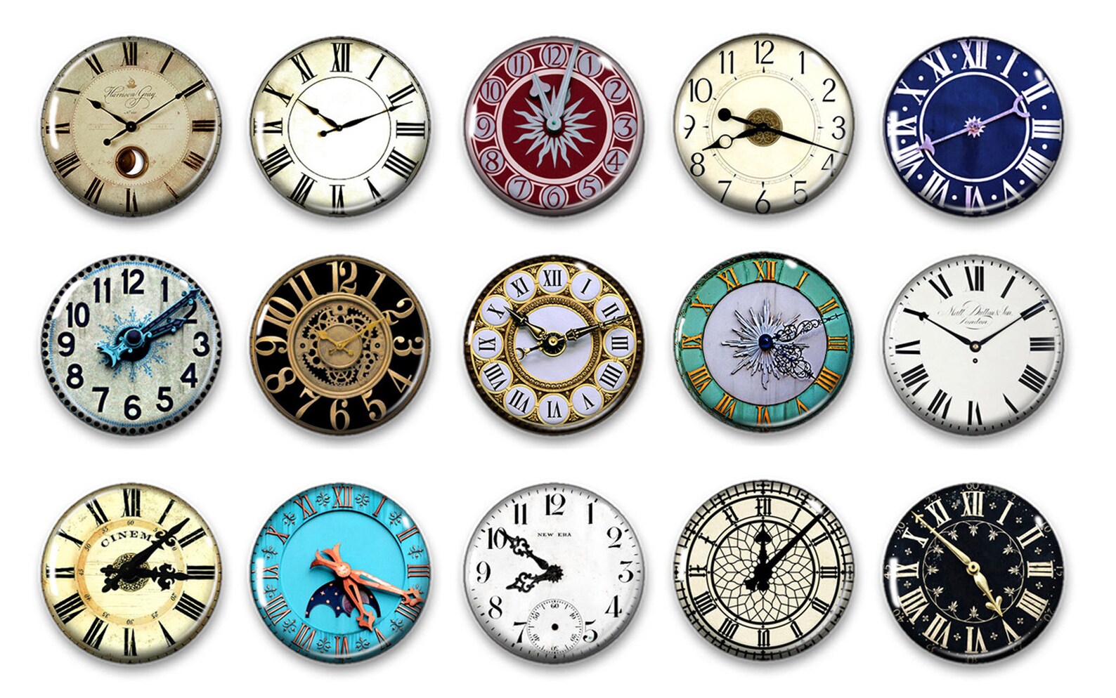 Vintage Clocks Pin Back Buttons, Backpack Pins, Jacket Buttons, Flat ...