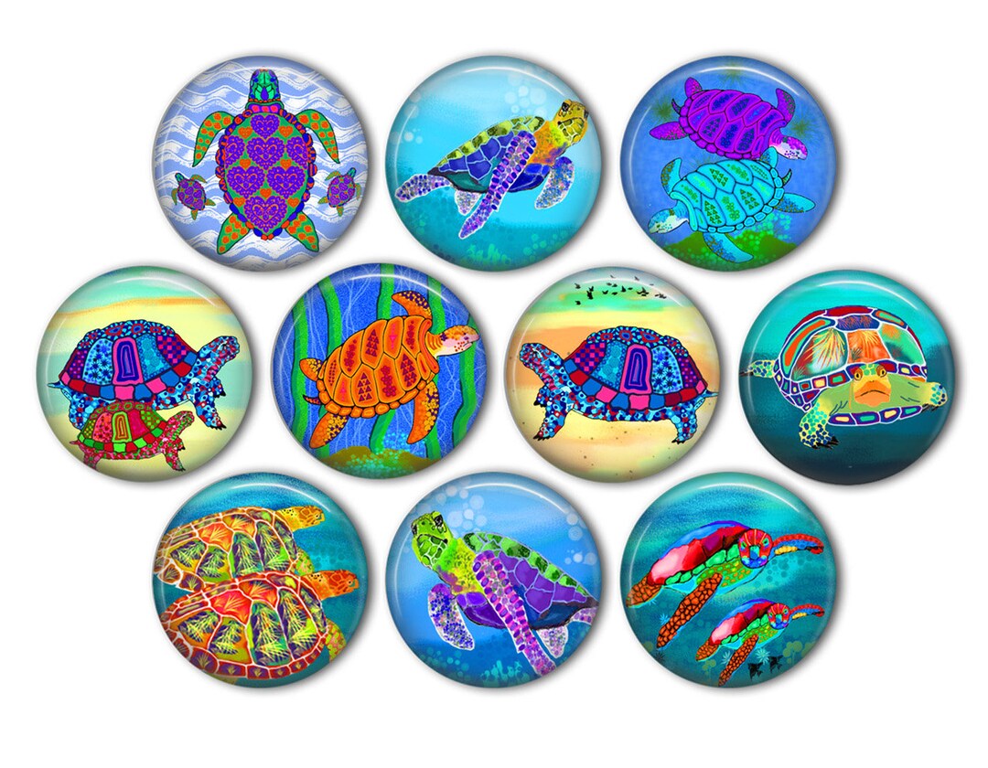 Funky Turtles Pin Back Buttons, Backpack Pins, Jacket Buttons, Flat ...