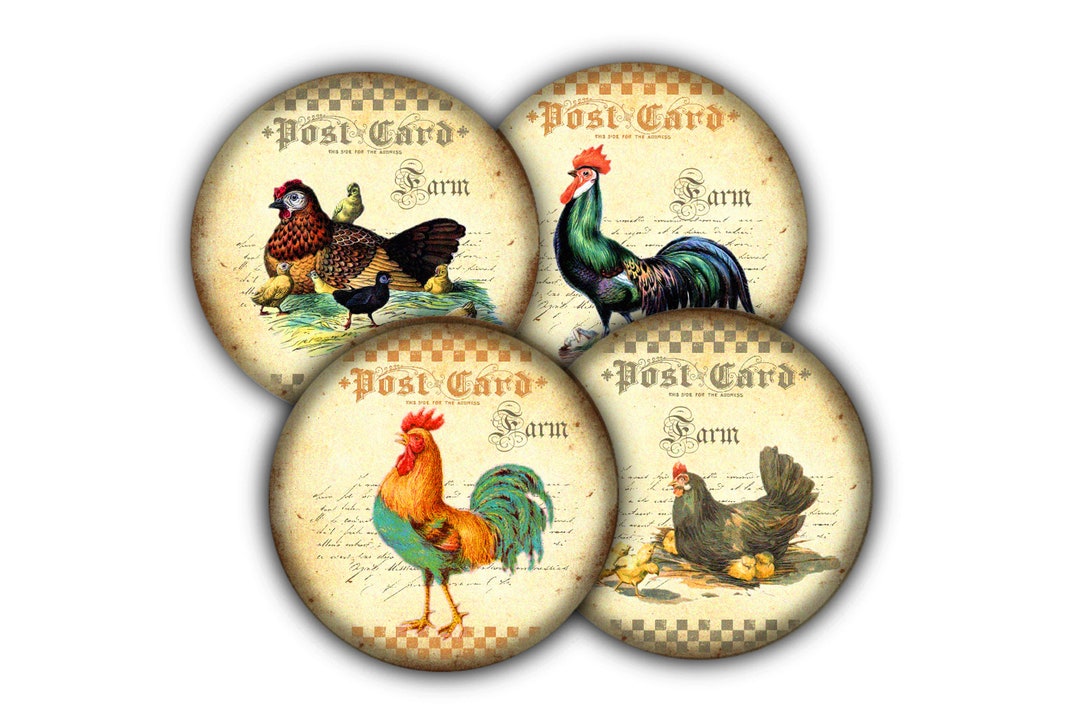 Vintage Chicken & Rooster Coaster Set, Button Drink Coasters, Coasters ...