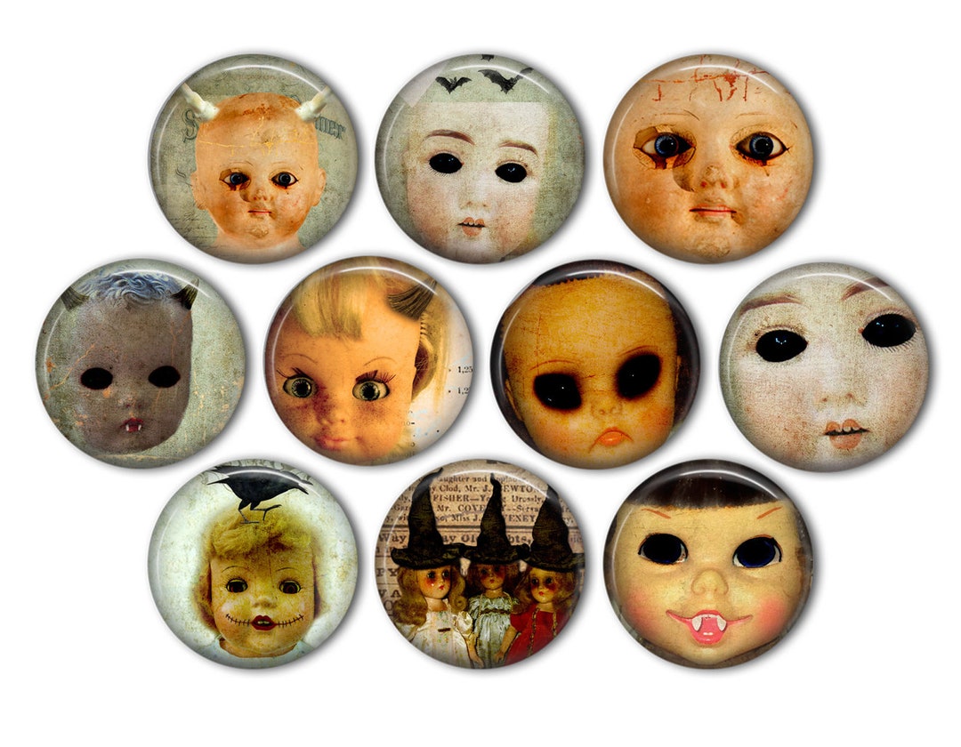 Creepy Doll Heads Pin Back Buttons, Backpack Pins, Jacket Buttons, Flat ...