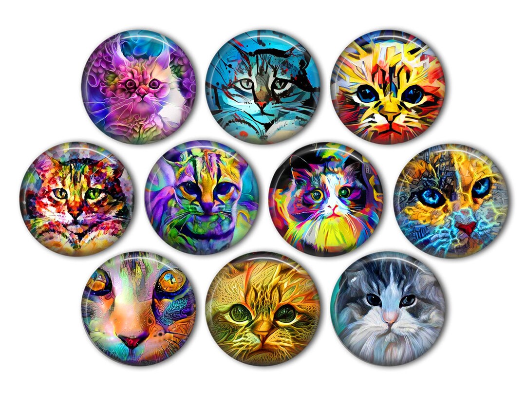 Painted Cat Pin Back Buttons, Backpack Pins, Jacket Buttons, Flat Back ...