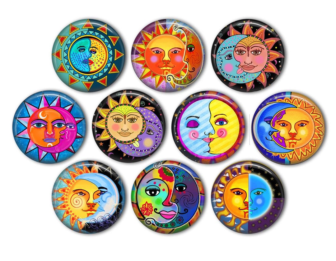 Sun & Moon Pin Back Buttons, Backpack Pins, Jacket Buttons, Flat Back ...
