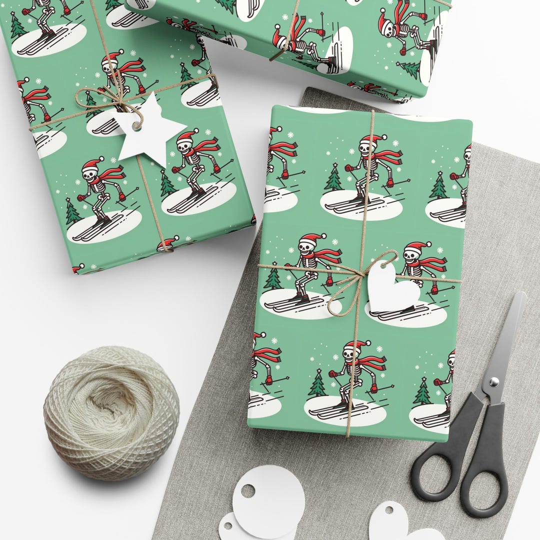 Skiing Wrapping Paper | Snow Skiing Skeleton | Skiing Holiday Paper ...
