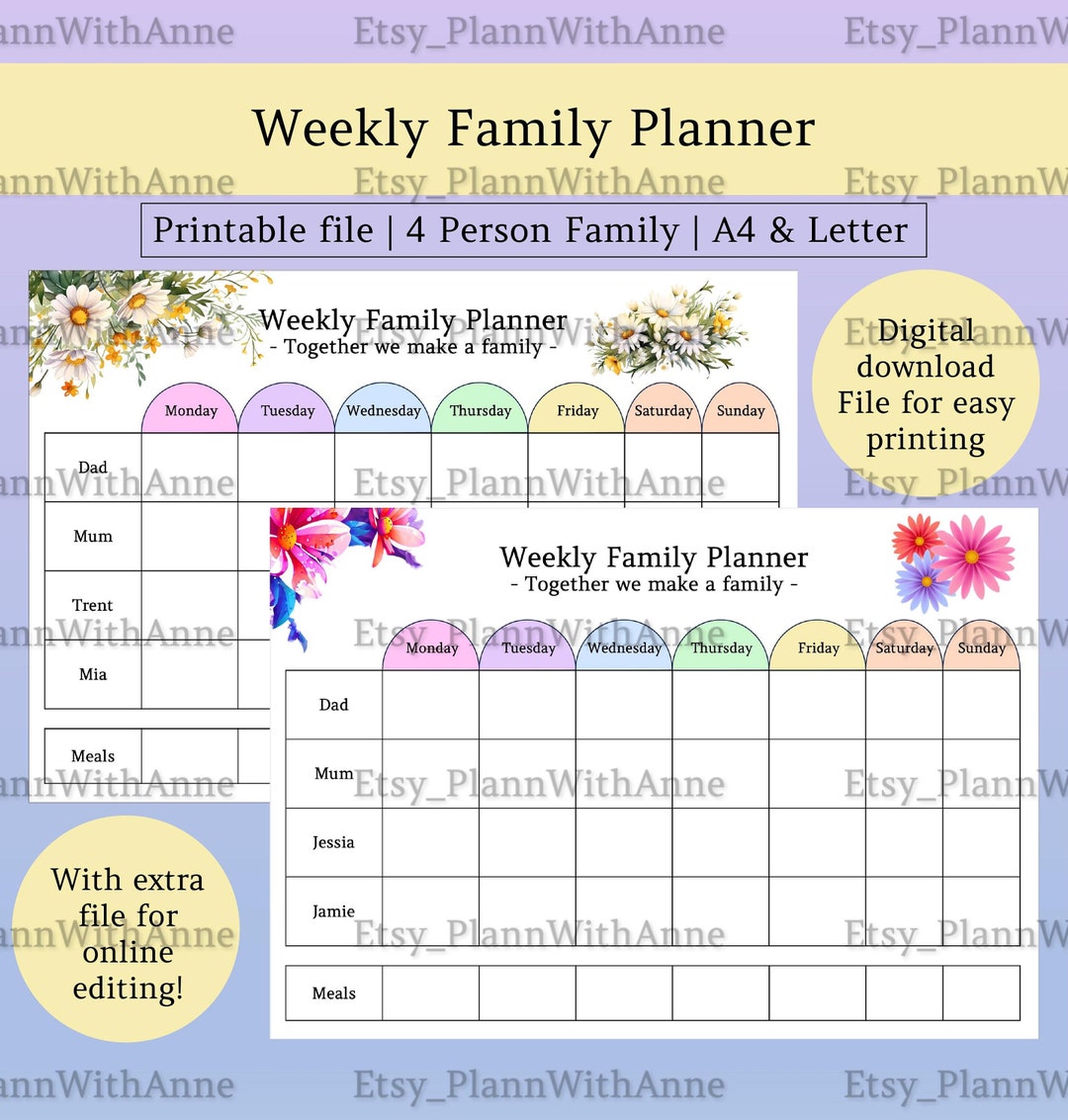 Printable Weekly Family Planner Family of 4 Multiple Sizes - Etsy