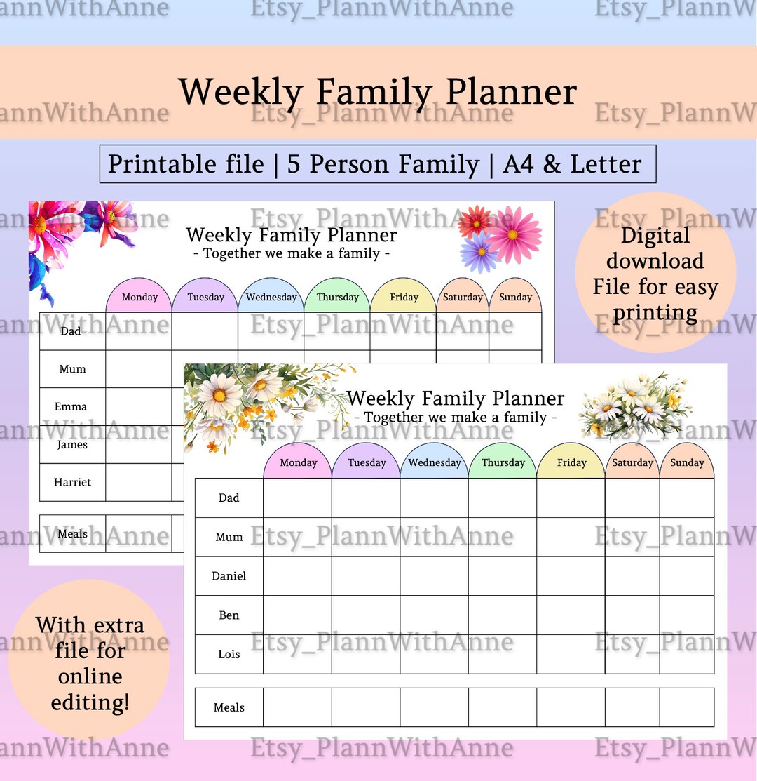 Printable Weekly Family Planner Family of 6 A4 & Letter Size - Etsy