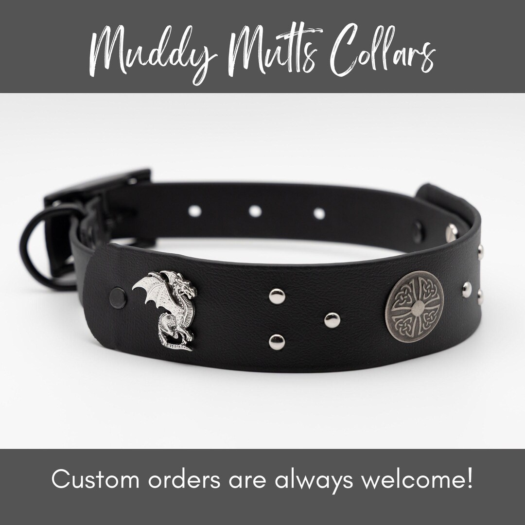 Dragon & Celtic Shield Studded Biothane Dog Collar (1.5" Wide Tapered ...