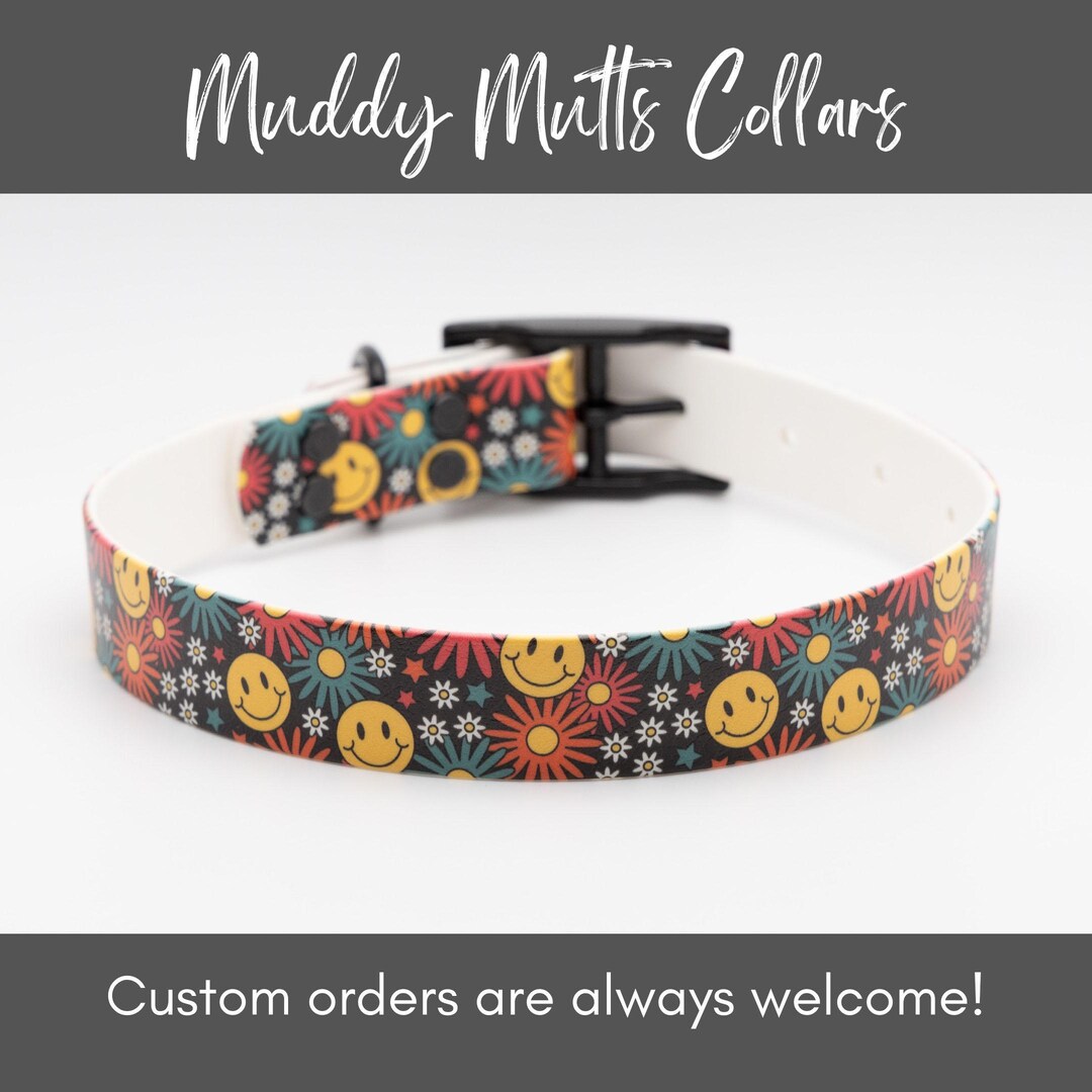 Smiley Groovy '60s '70s Hippy Biothane Dog Collar 1 Wide, Neck Size 15 ...