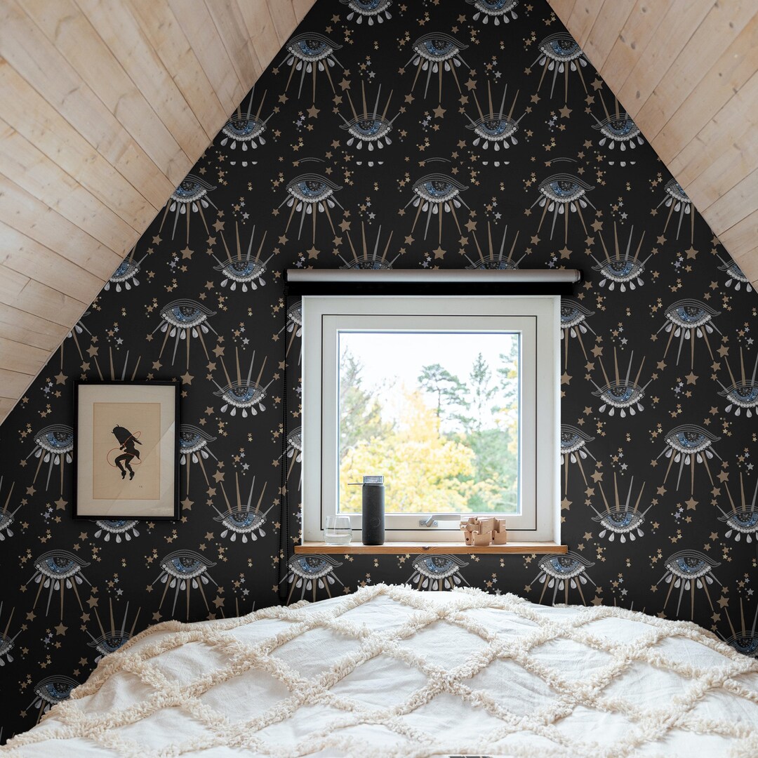 Black Removable Wallpaper Spooky Wallpaper Temporary Wallpaper Eye ...