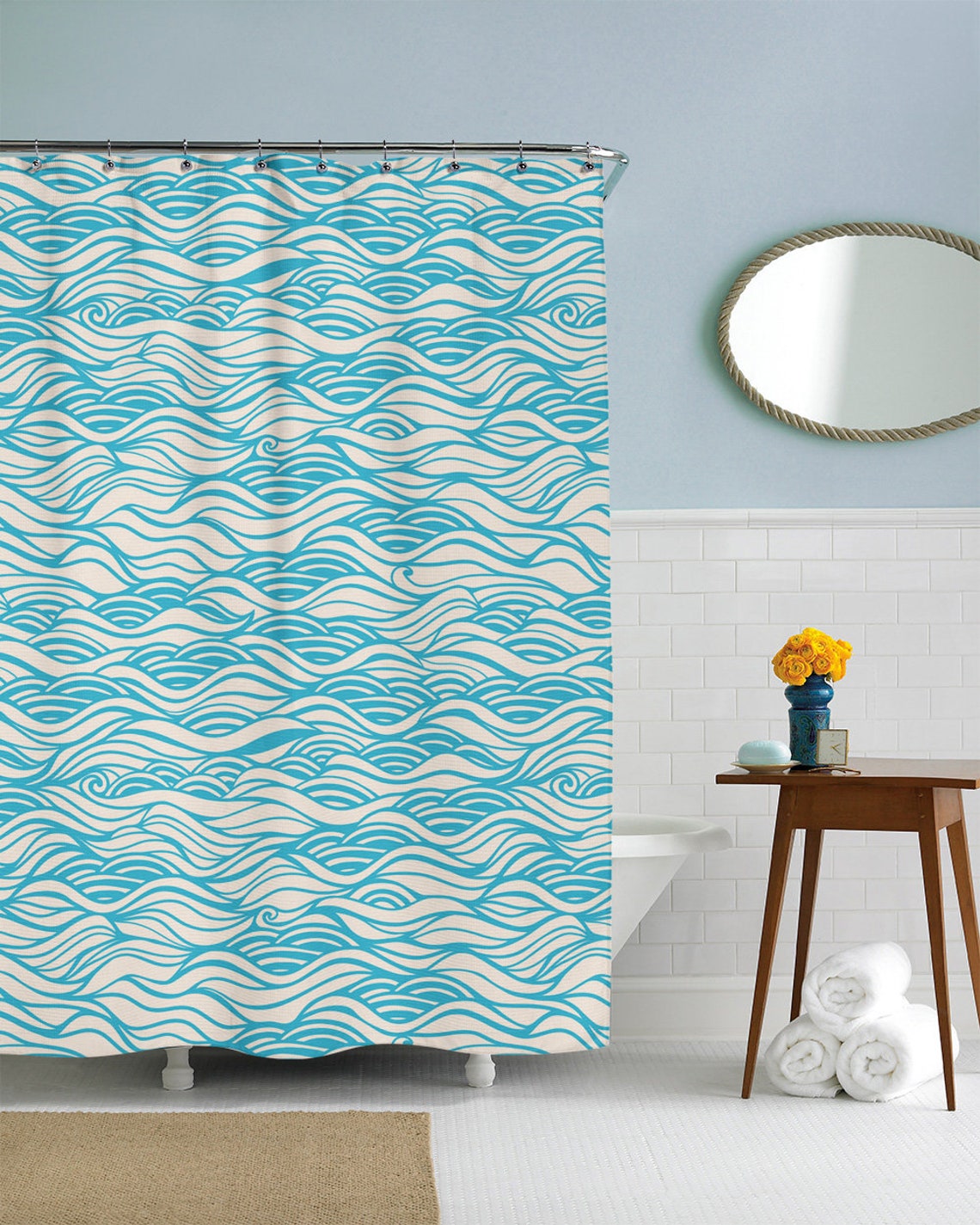 Beach House Decor Waves Shower Curtain Nautical Bathroom | Etsy