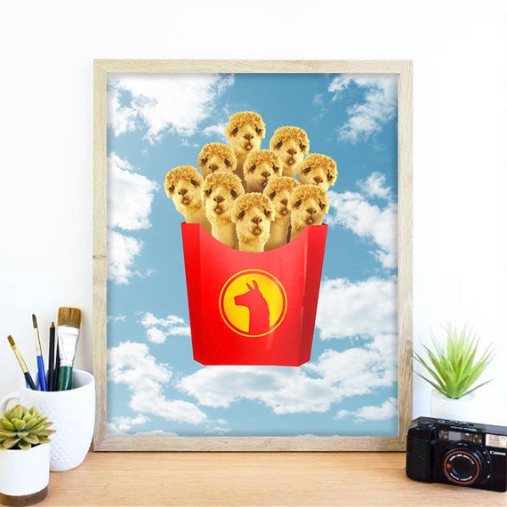 Funny Llama Fries Art Print Comical French Fry Heads Wall | Etsy