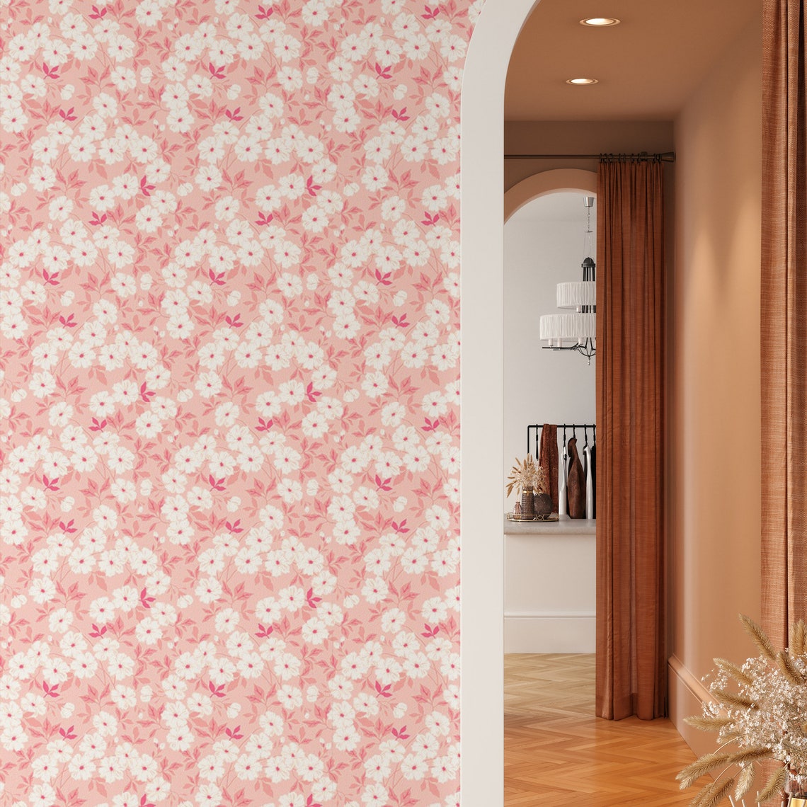 Pink Floral Pattern Removable Wallpaper White Flower Wall Etsy