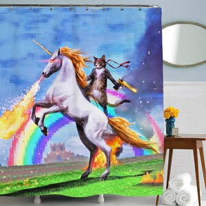Funny Shower Curtain Cat Riding Unicorn Unusual Art Fun Bathroom Decor Cat Art Geek Chic Minecraft Quirky Gifts Blue Fabric