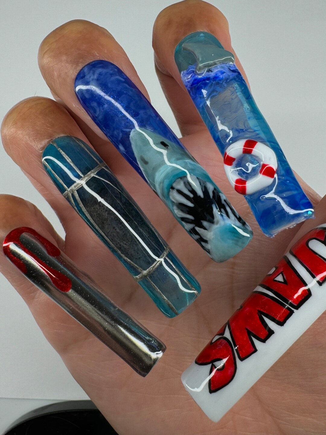 Jaws Shark Inspired Summerween Press on Nails With Ocean Nail Art, 3d ...