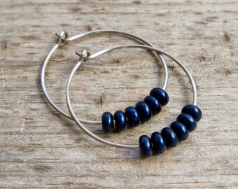 Navy Blue Beaded Hoop Earrings - Etsy