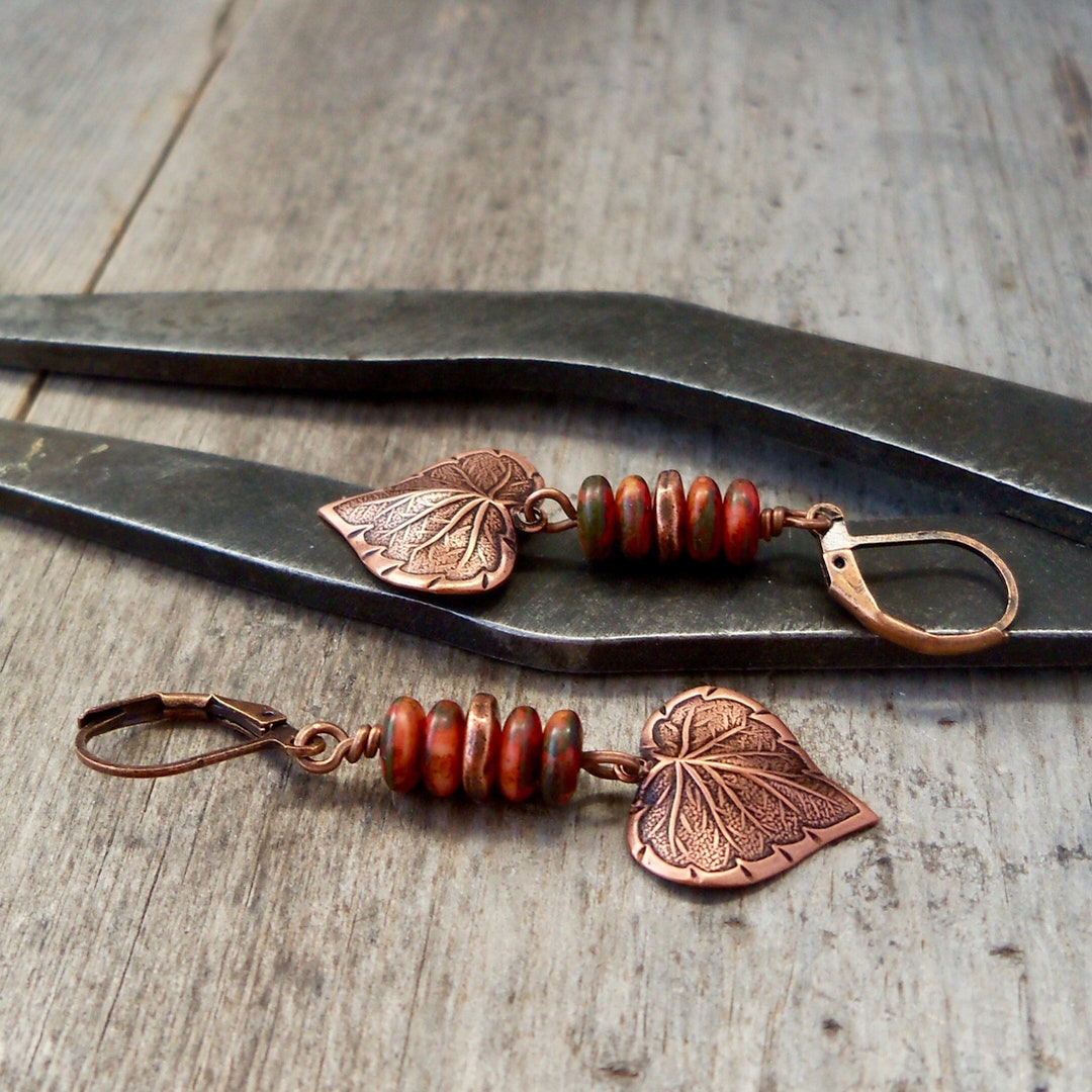 Rustic Earrings - Copper Leaf Earrings - Boho Earrings - Czech Bead ...