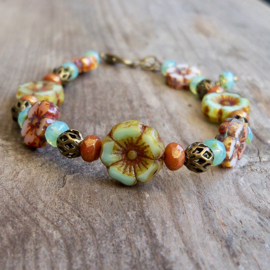 Vintage-inspired Beaded Bracelet: Victorian Boho Coral Pink & Mint ...