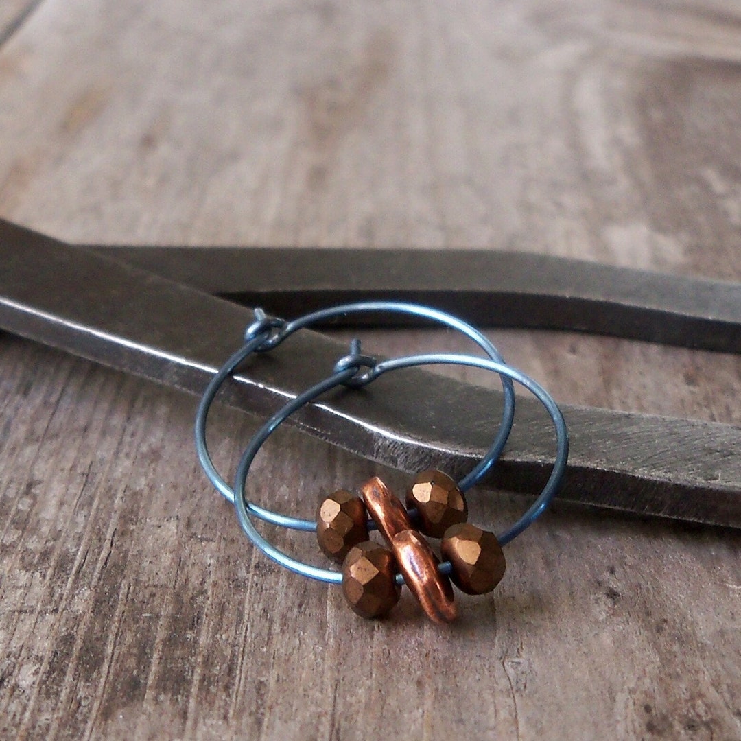 Copper and Bronze on Blue Titanium Hoops - Pure Titanium Hoop Earrings ...