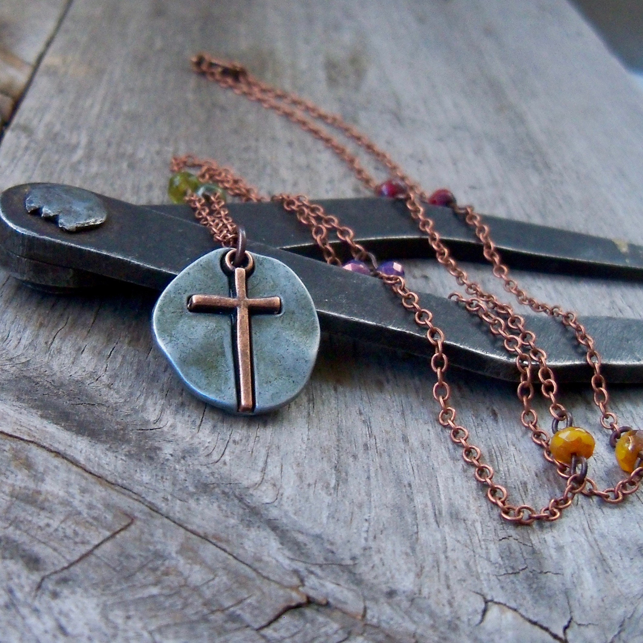 Rustic Copper Cross Necklace - Pendant Heart Beaded - Purple, Red ...