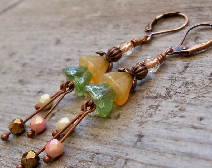 Long Dangle Earrings - Boho Bead Earrings - Bell Flower Earrings ...