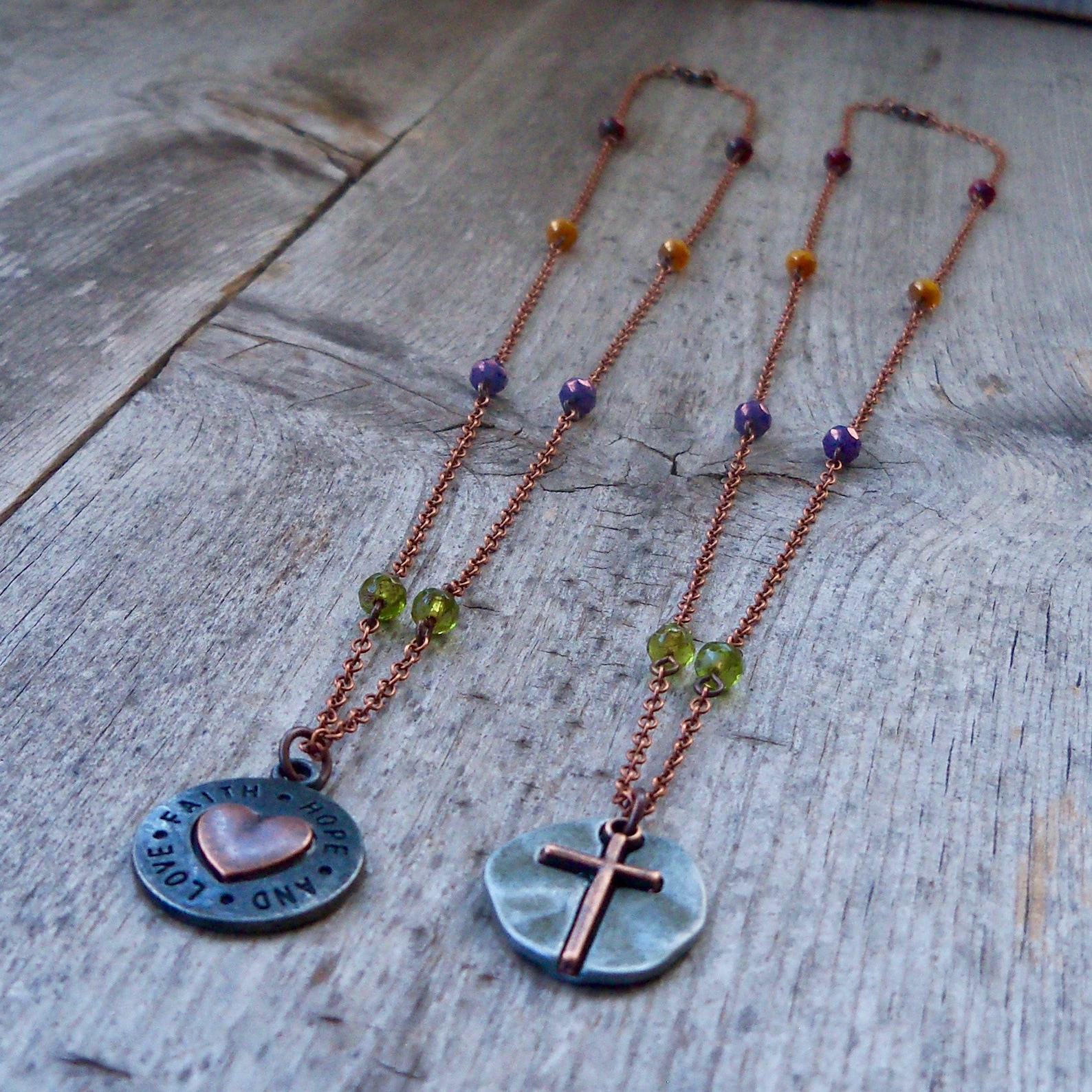 Rustic Copper Cross Necklace - Pendant Heart Beaded - Purple, Red ...