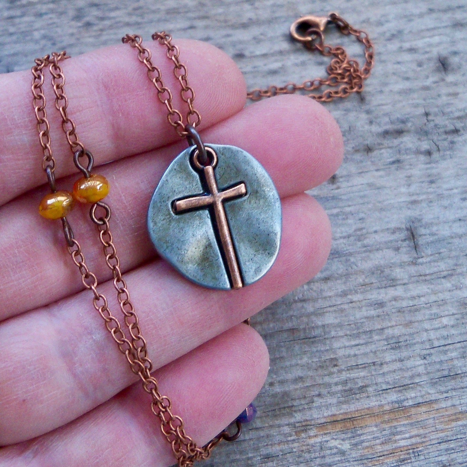 Rustic Copper Cross Necklace - Pendant Heart Beaded - Purple, Red ...