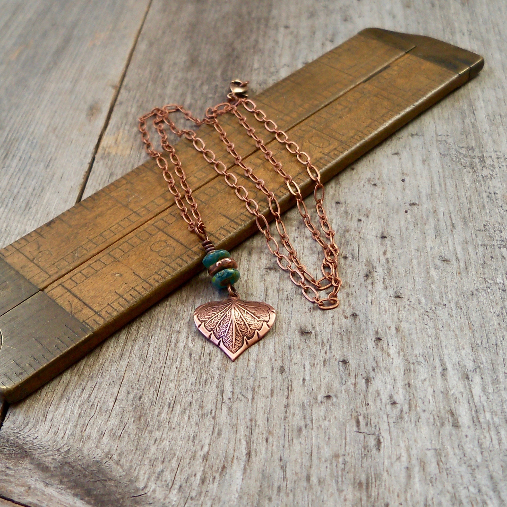 Copper Leaf Necklace - Delicate Necklace - Copper Necklace - Bead ...