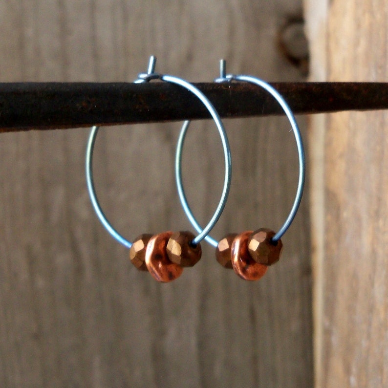 Copper and Bronze on Blue Titanium Hoops Pure Titanium Hoop - Etsy